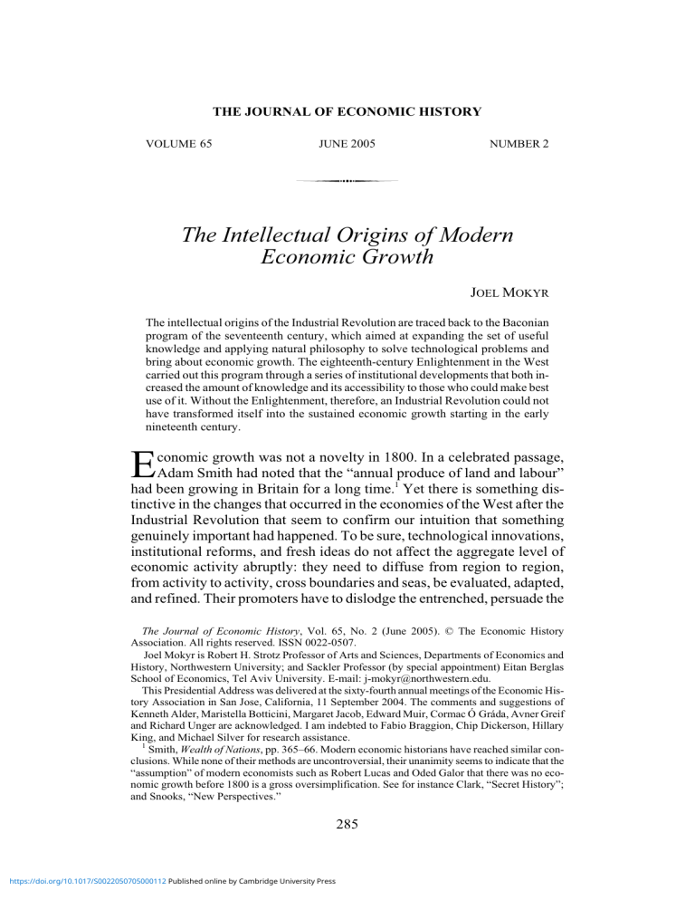 Economic Growth: Intellectual Origins & Industrial Revolution