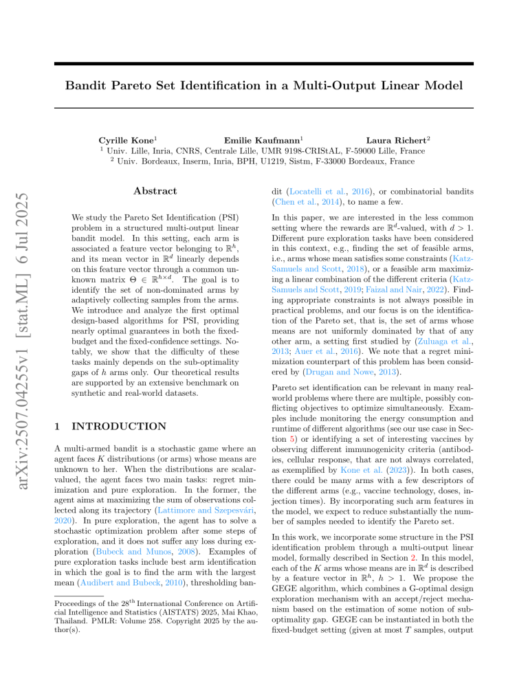 Bandit Pareto Set Identification: Multi-Output Linear Model