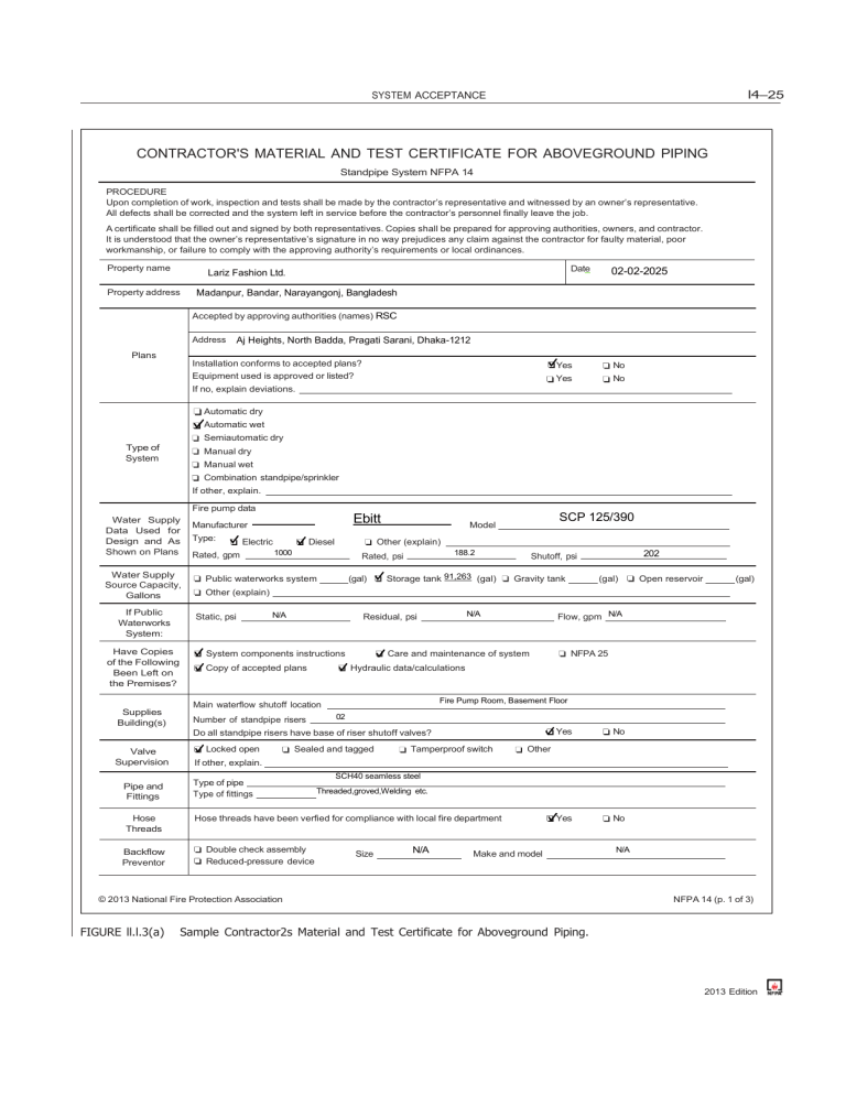NFPA 14 Standpipe System Test Certificate