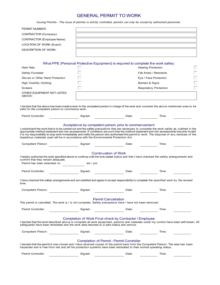 General Permit to Work Form | Safety Compliance