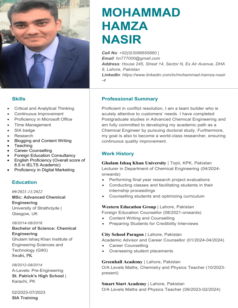 Mohammad Hamza Nasir - Chemical Engineer Resume