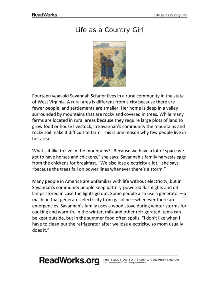 Life as a Country Girl: Reading Comprehension Passage