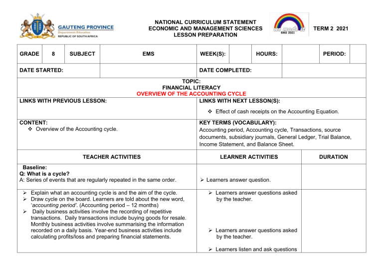 Grade 8 EMS: Financial Literacy - Accounting Cycle Lesson