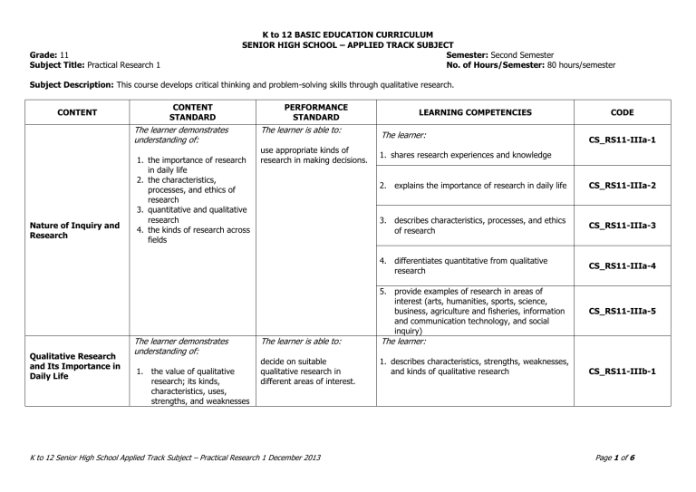 Practical Research 1 Curriculum Guide - Senior High School