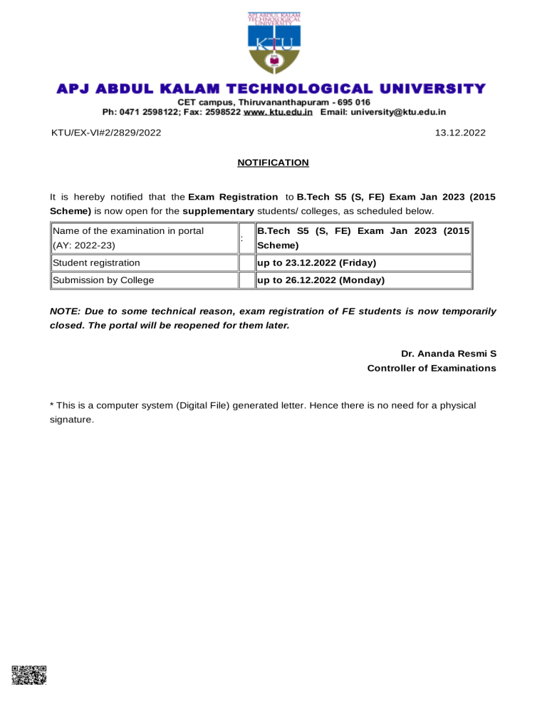KTU B.Tech S5 Exam Registration Jan 2023 Notification