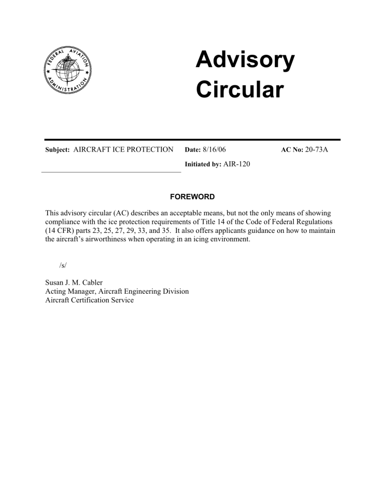 Aircraft Ice Protection Advisory Circular AC 20-73A