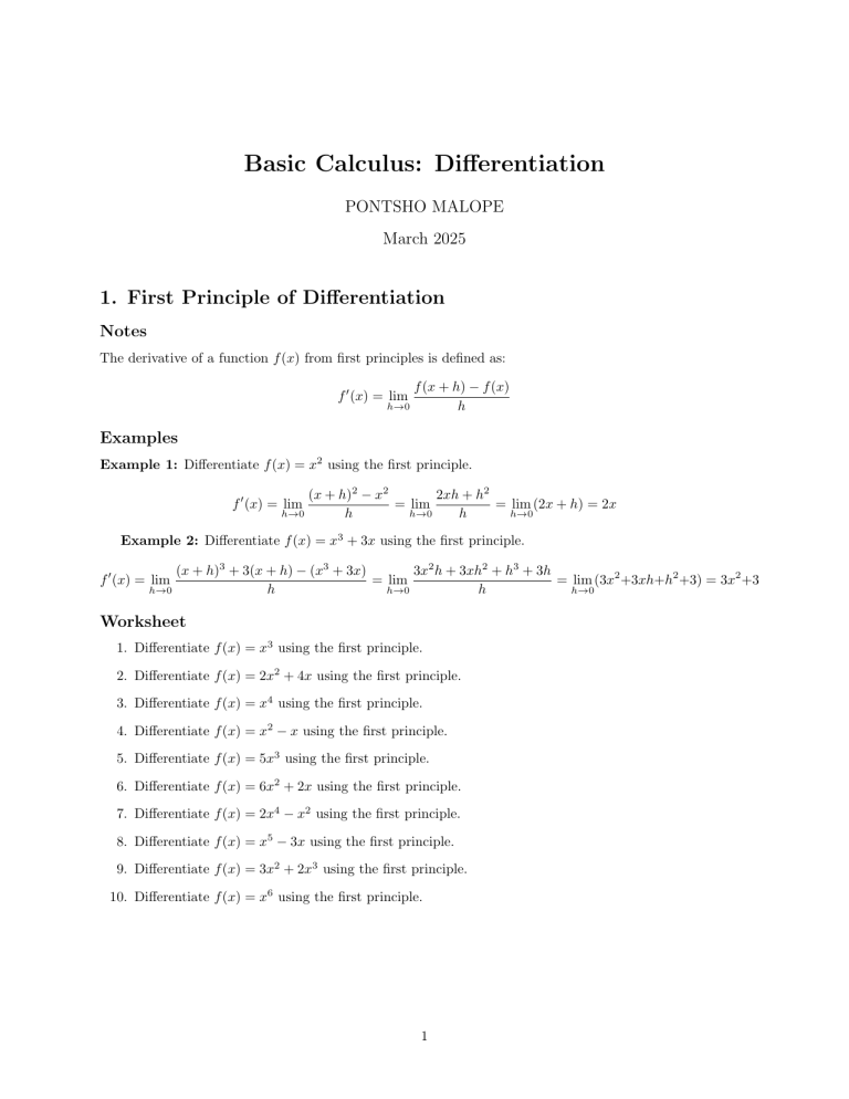 Calculus Differentiation Worksheet: First Principles & Rules