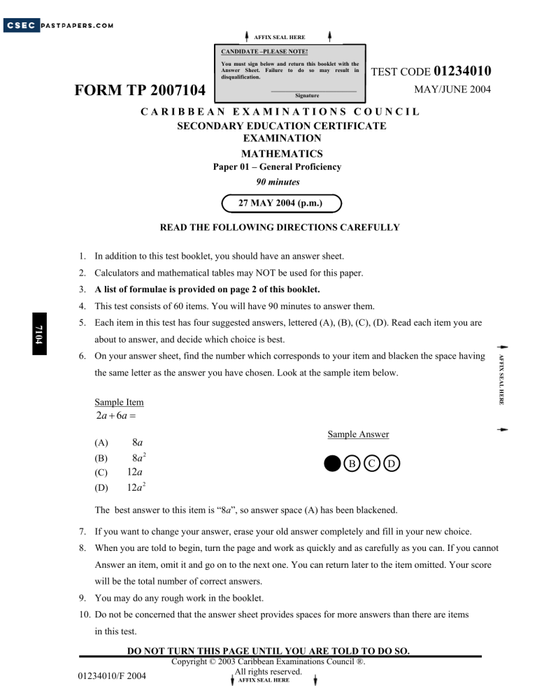CSEC Mathematics Exam Paper 2004