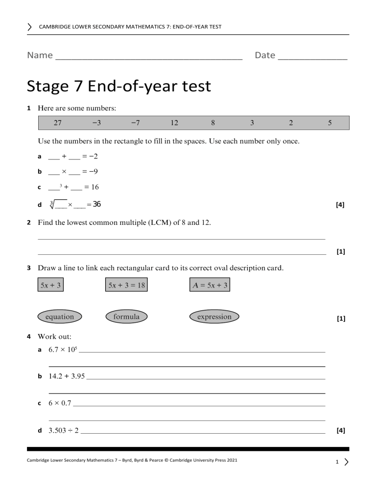 Cambridge Maths Stage 7 End-of-Year Test