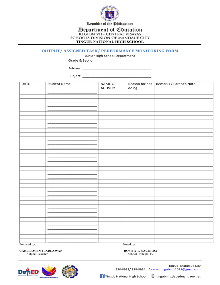 Student Performance Monitoring Form - Tingub NHS