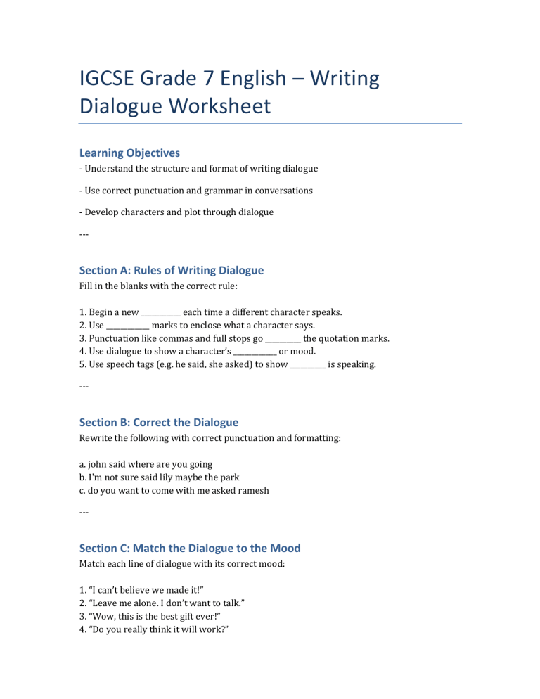 IGCSE Grade 7 English: Dialogue Writing Worksheet