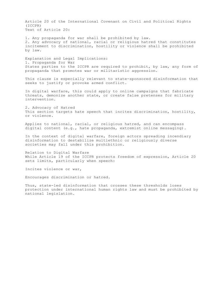 ICCPR Article 20: Propaganda, Hatred & Digital Warfare
