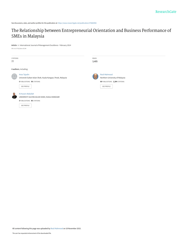 Entrepreneurial Orientation & SME Performance in Malaysia