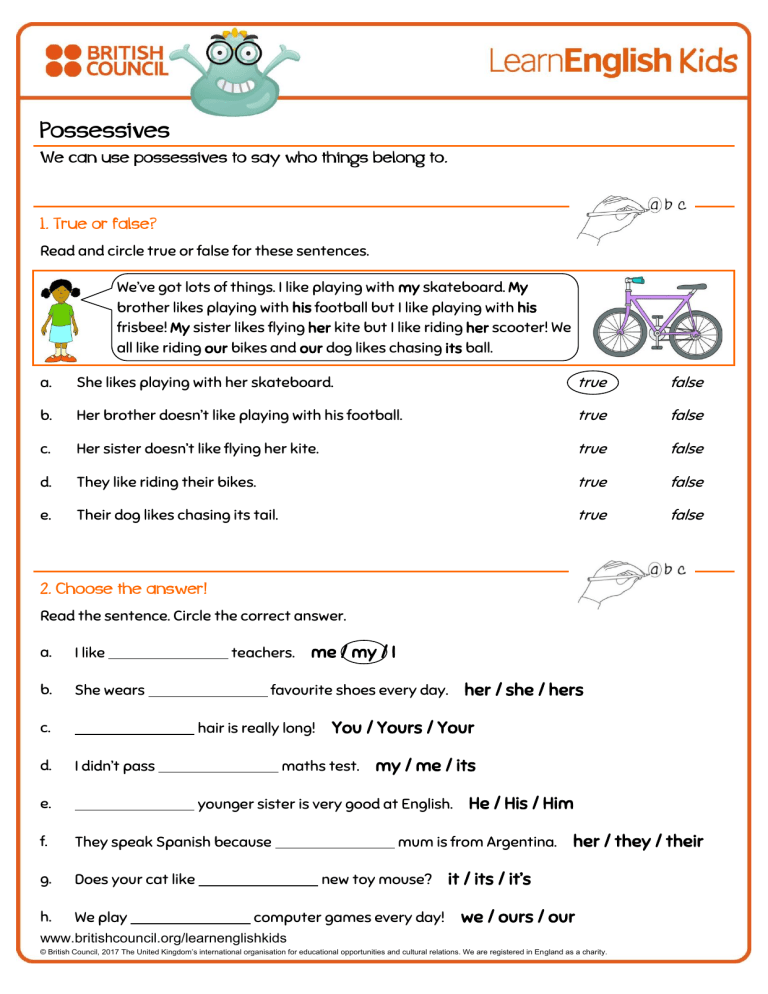 Possessive Pronouns Worksheet for Kids