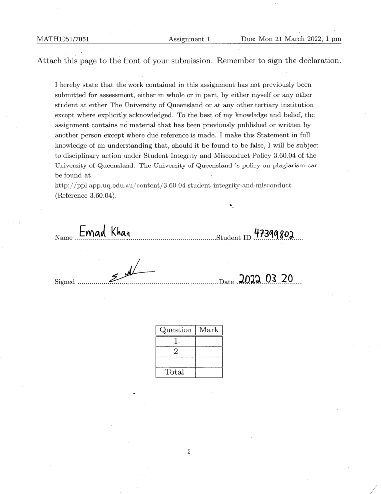 MATH1051/7051 Assignment 1: Functions, Limits, Species-Area