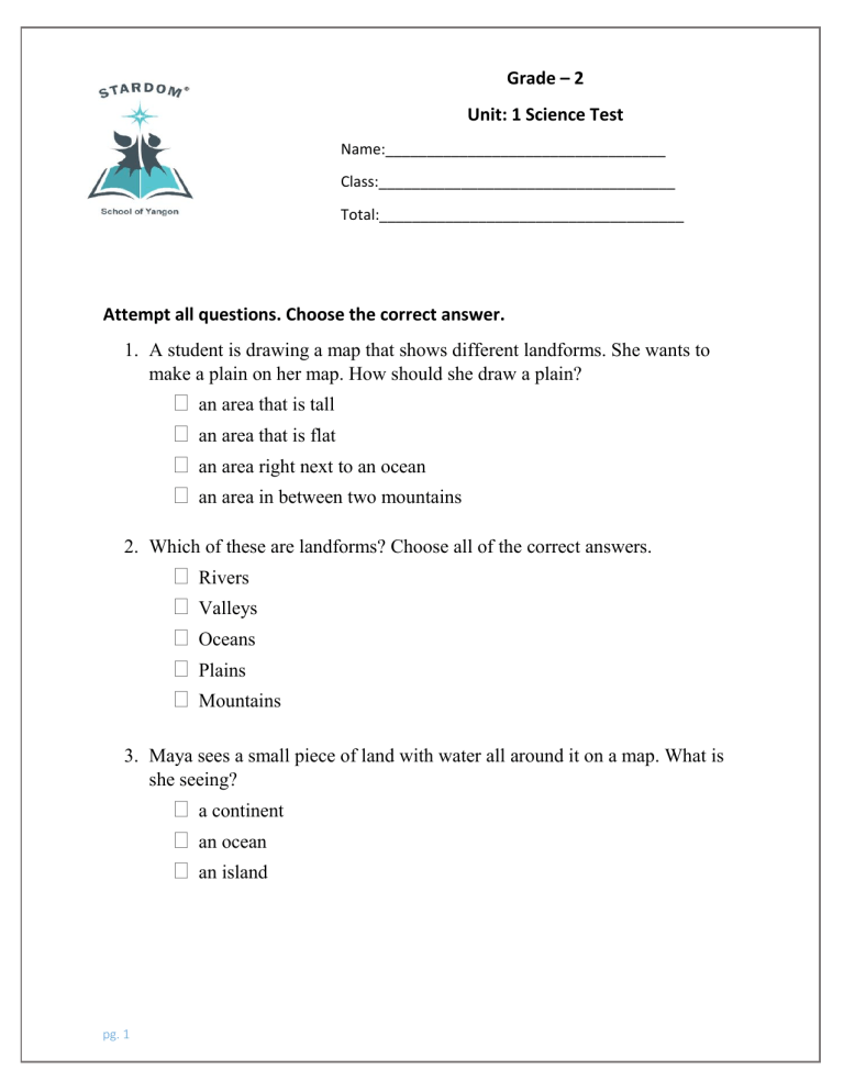 Grade 2 Science Test: Landforms & Water