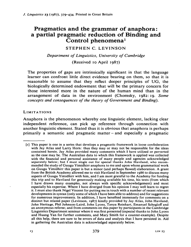 1987 Pragmatics and grammar of anaphora