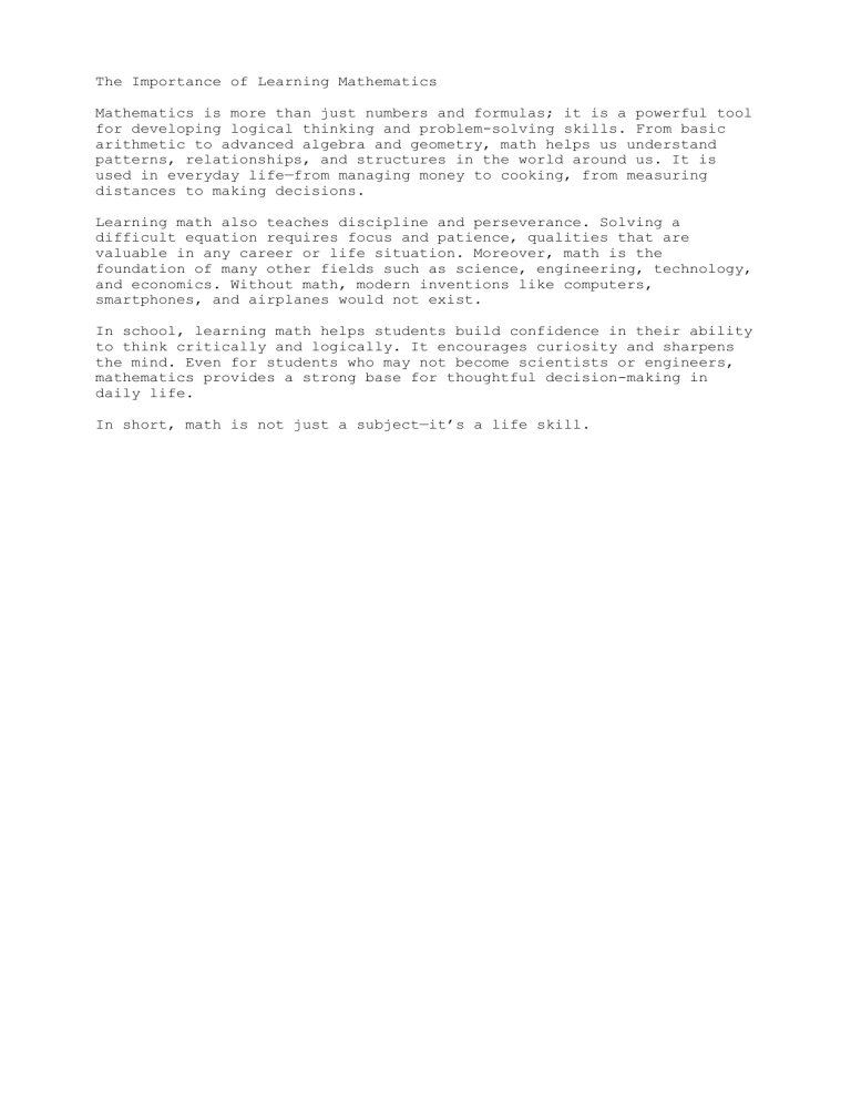 The Importance of Learning Mathematics