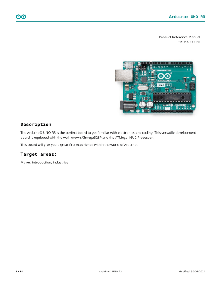 Arduino UNO R3 Product Reference Manual