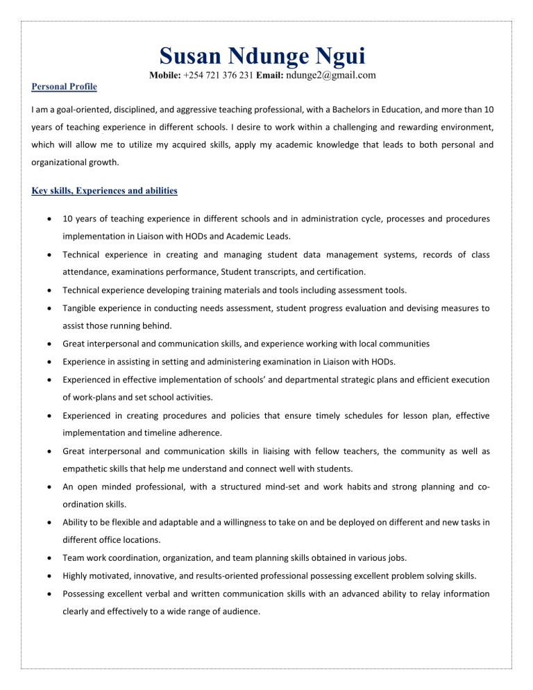 Susan Ndunge Ngui - Teaching Professional Resume