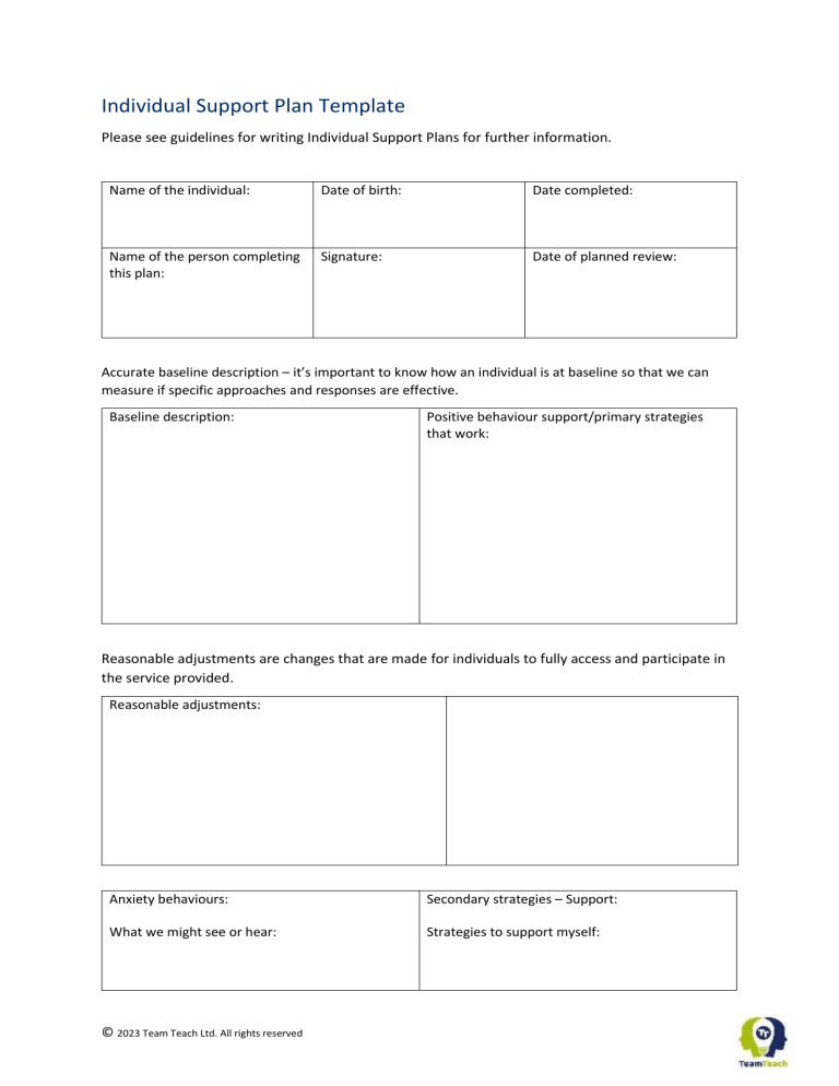 Individual Support Plan Template | Behavior Support