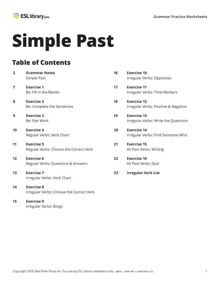 Simple Past Grammar Worksheets for ESL Learners