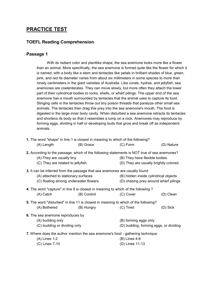 TOEFL Reading Practice Test: Sea Anemones