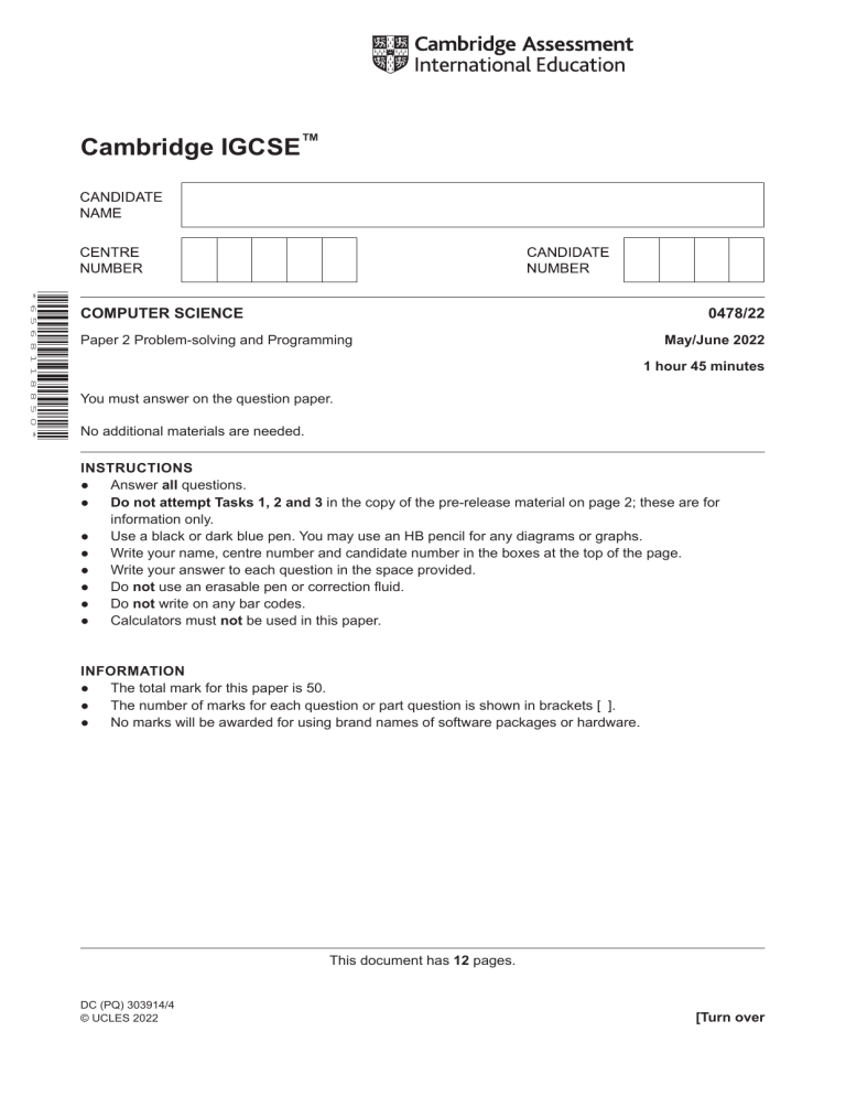 IGCSE Computer Science Exam Paper 2 (0478/22)