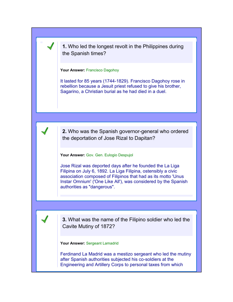 Philippine History Quiz: Spanish Rule Era