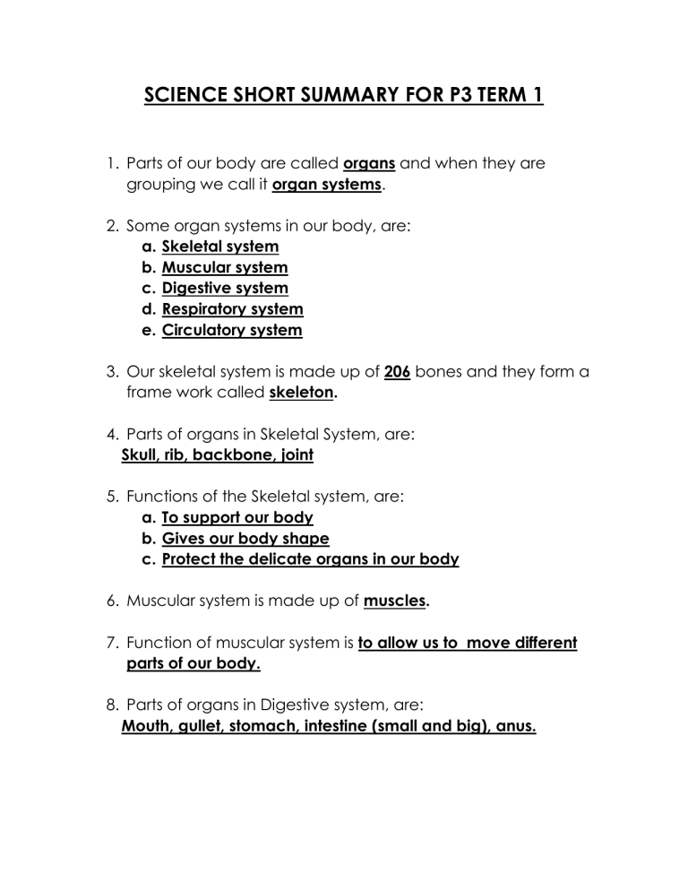 Science Summary for P3: Organ Systems & Animal Classification