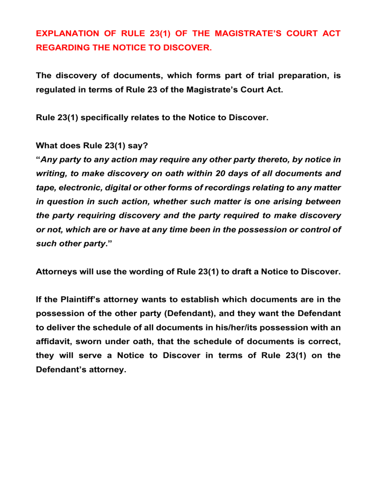 Rule 23(1) Magistrate's Court Act: Notice to Discover Explained