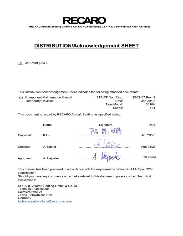 3510H Y64 Passenger Seat Component Maintenance Manual