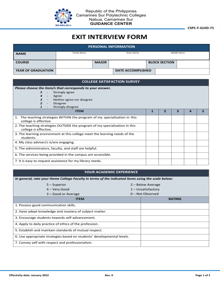 CSPC Exit Interview Form | College Satisfaction Survey