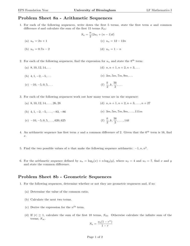 Arithmetic & Geometric Sequences Problem Sheet