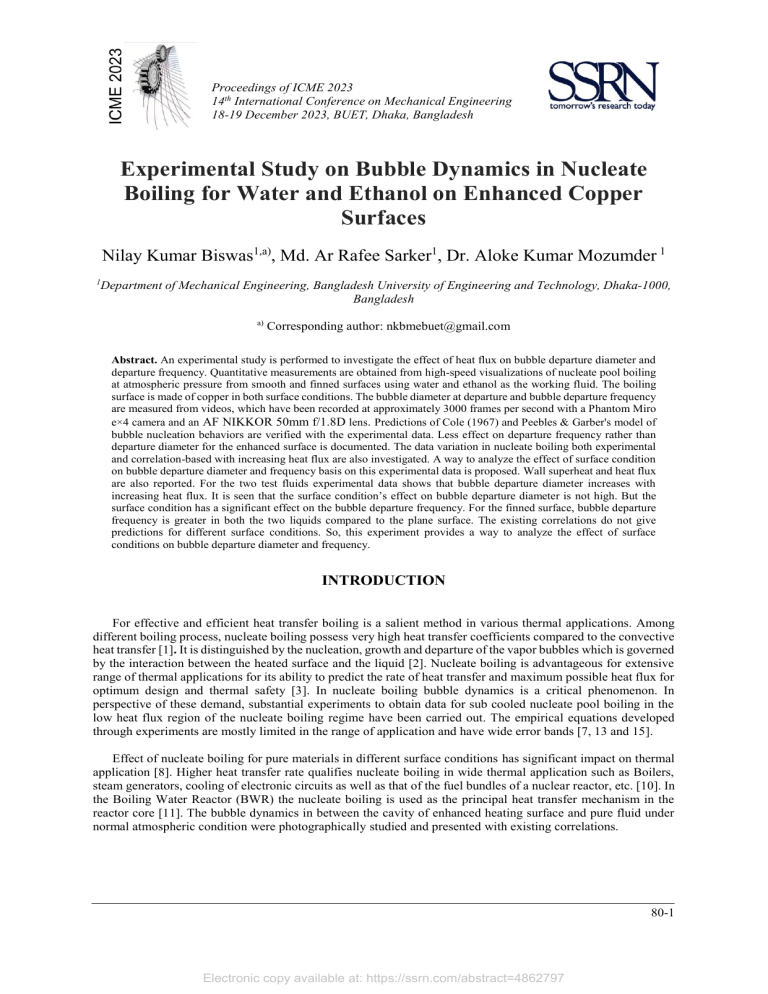 Bubble Dynamics in Nucleate Boiling: Experimental Study