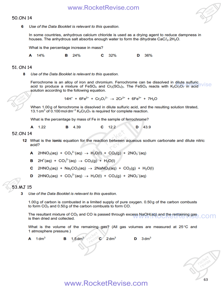 Chemistry Exam Questions - Stoichiometry, Reactions, Gas Laws