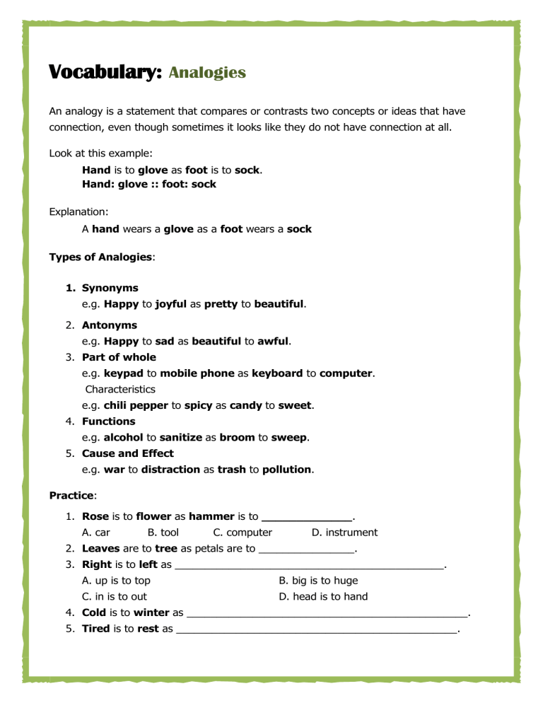 Analogies Worksheet: Vocabulary & Reasoning Skills