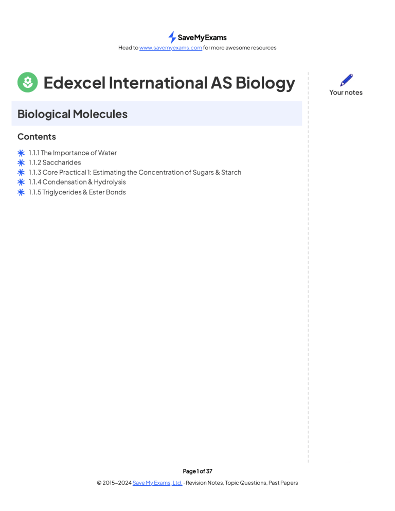 Edexcel AS Biology: Biological Molecules Revision Notes