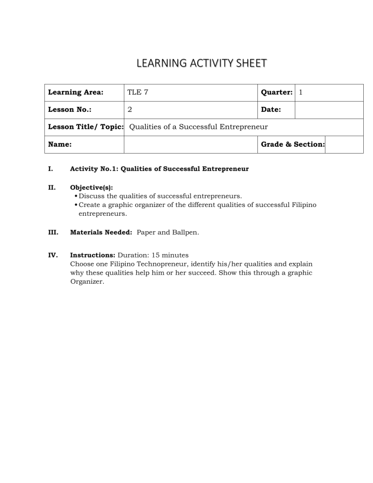 Qualities of a Successful Entrepreneur - TLE 7 Learning Activity Sheet