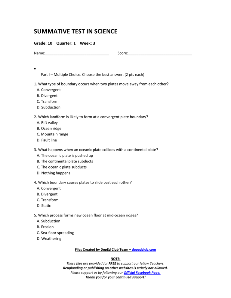 Science Test: Plate Tectonics - Grade 10