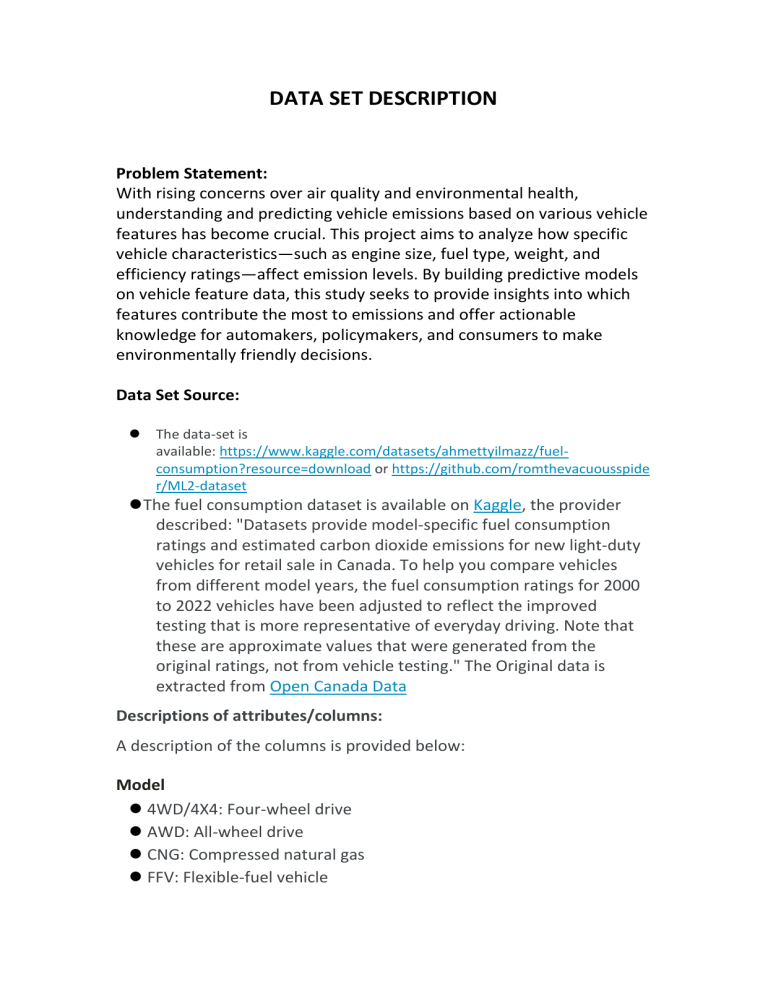Fuel Consumption & Emissions Data Set Description