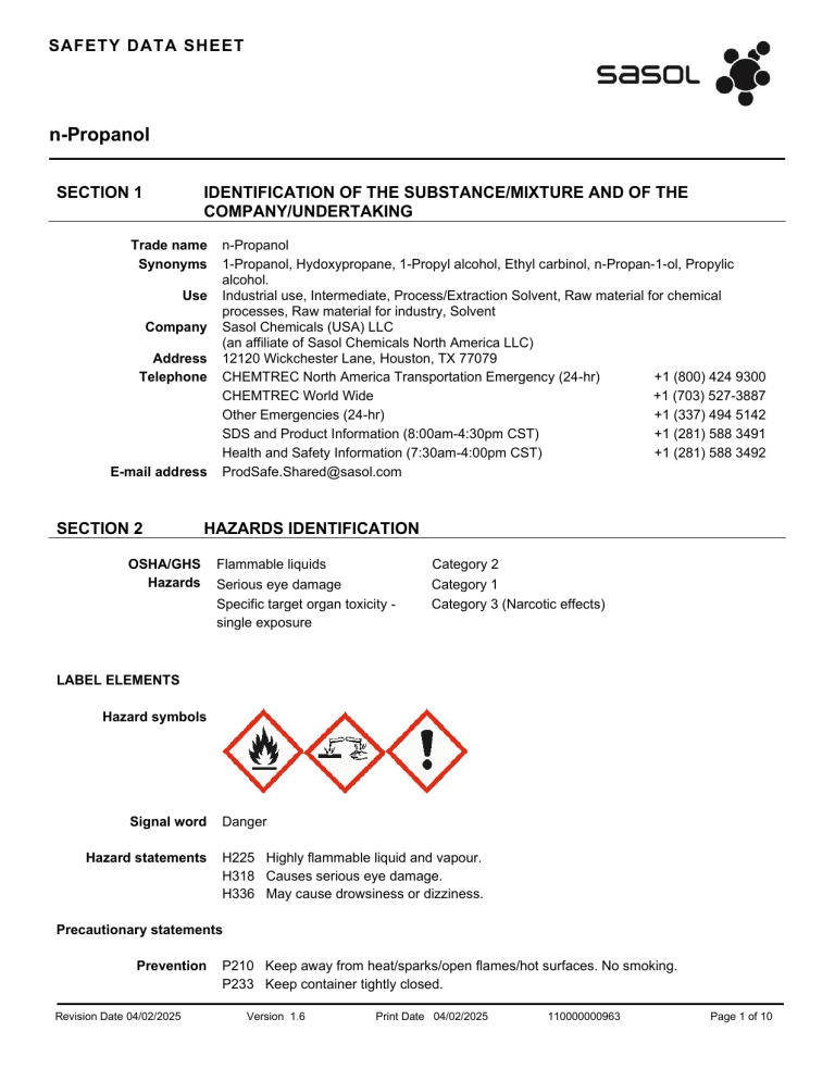 n-Propanol SDS: Safety Data Sheet | Sasol Chemicals