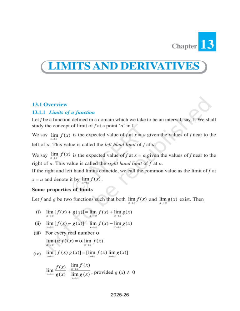 Limits and Derivatives: Mathematics Chapter 13 Overview & Properties