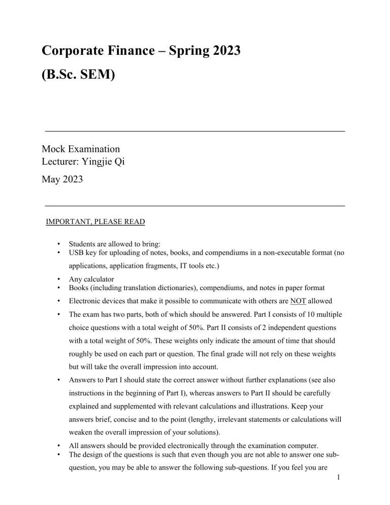 Corporate Finance Mock Exam - Spring 2023