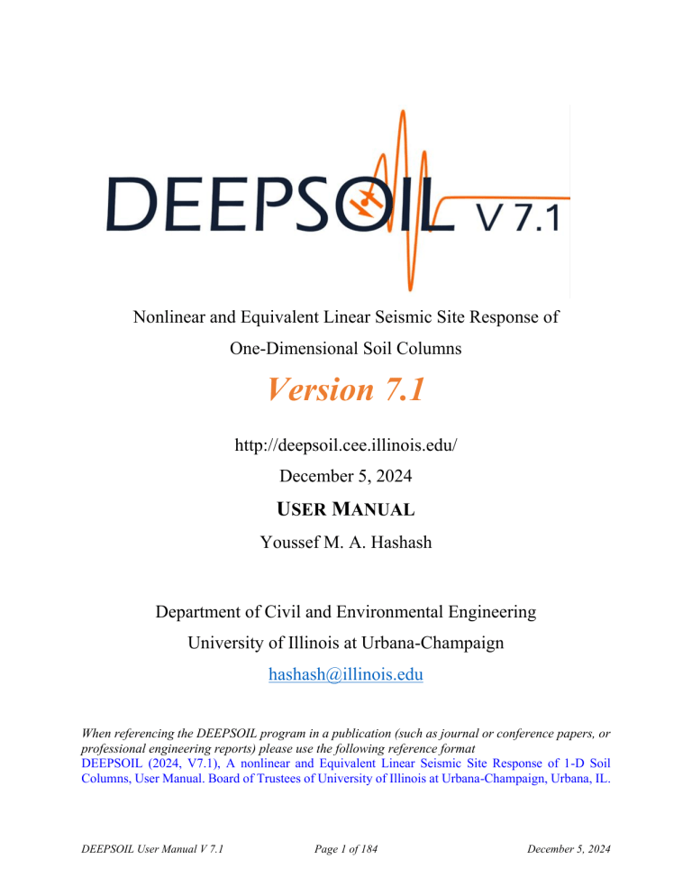 DEEPSOIL User Manual: Seismic Site Response Analysis