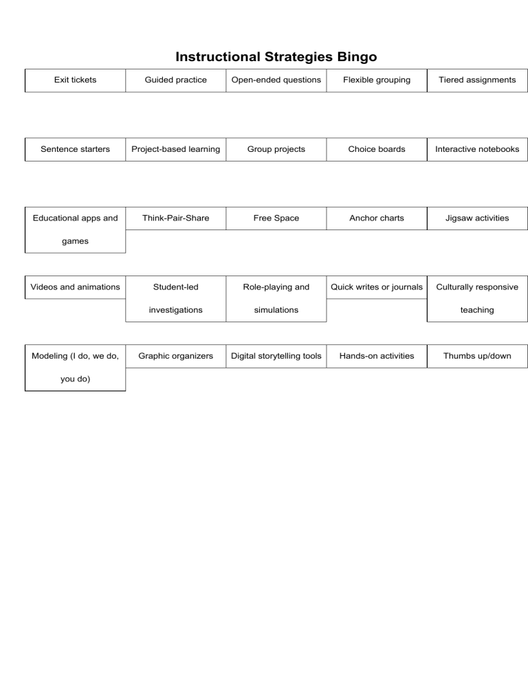 Instructional Strategies Bingo Card for Educators