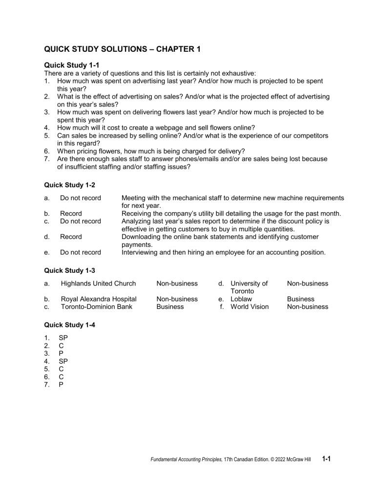 Accounting Principles Solutions: Chapter 1 Quick Study
