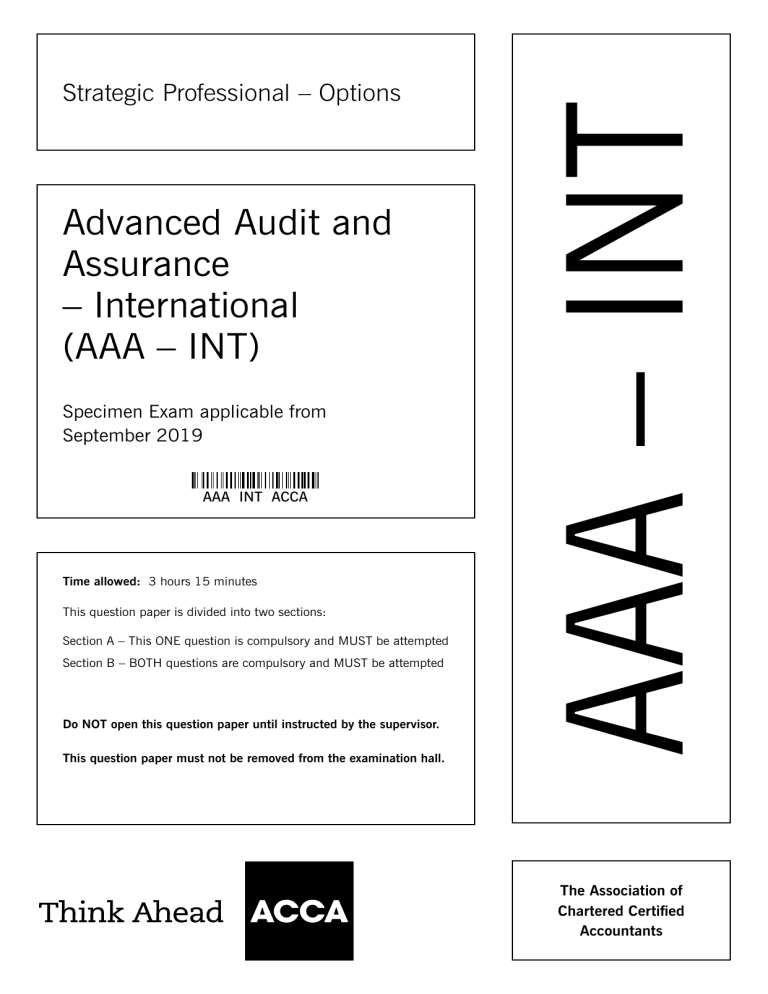 AAA - INT Specimen Exam: Advanced Audit & Assurance