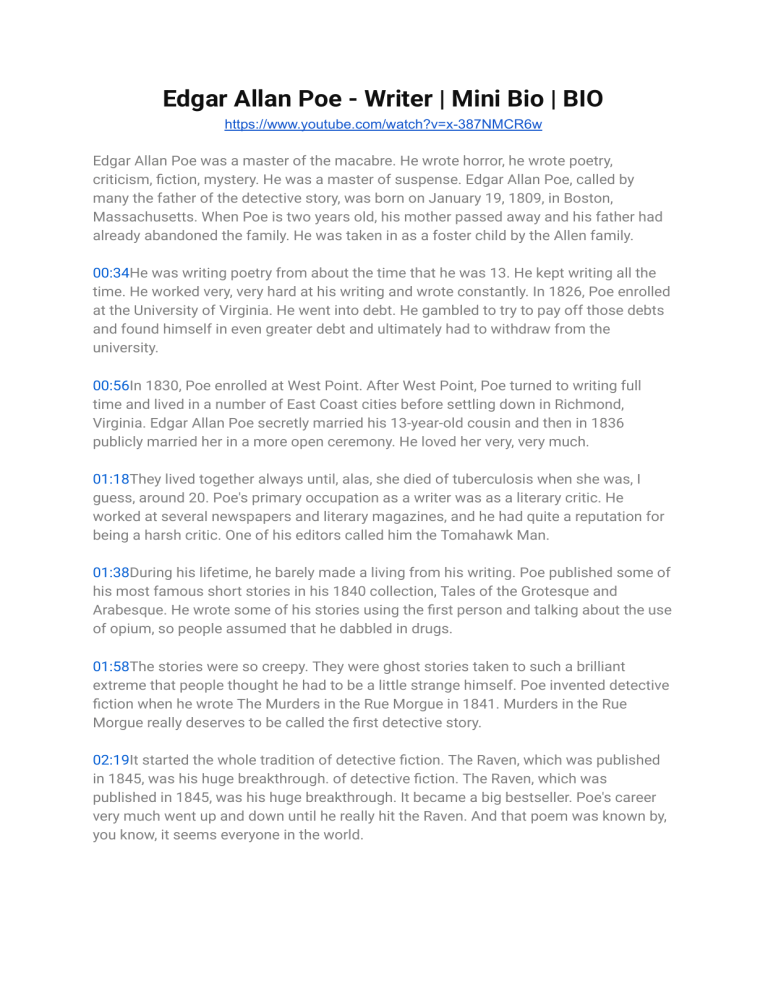 Edgar Allan Poe: Mini Biography - Life, Works, and Death