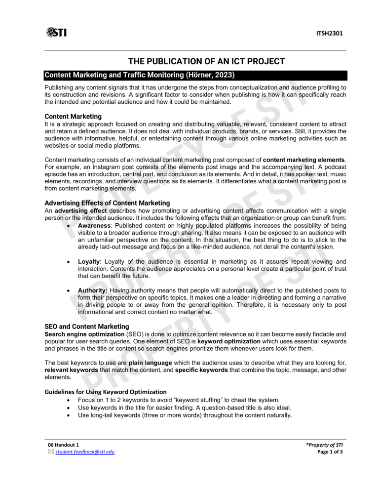 Content Marketing & Traffic Monitoring: ICT Project Handout